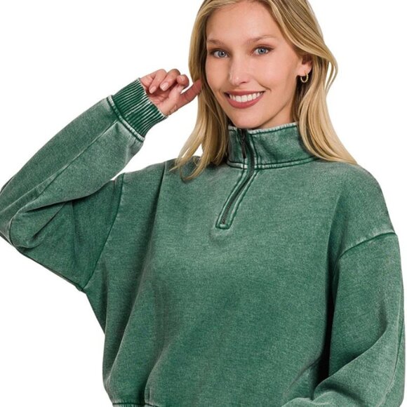 Zenana Outfitters | Sweaters | Acid Wash Fleece Half Zip Pullover Dark Green | Poshmark
